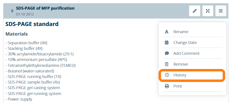 Experiment Section Log – eLabNext